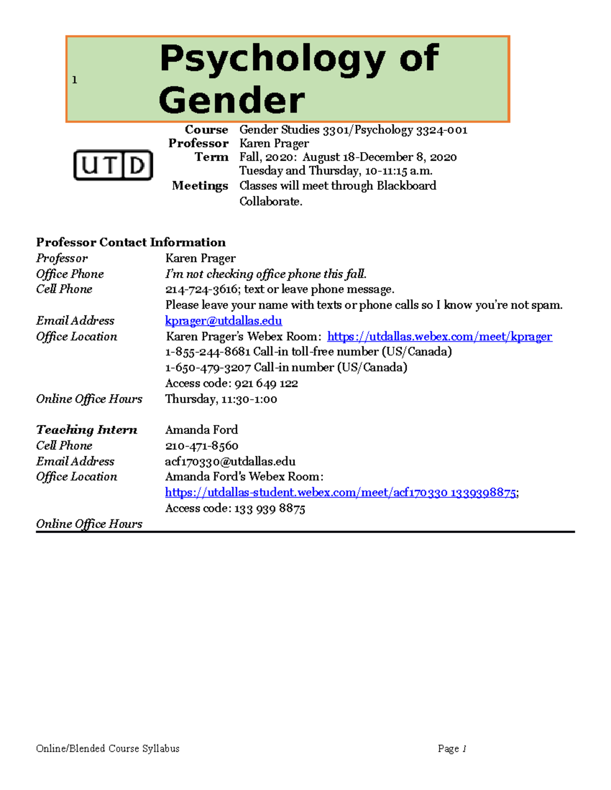 Syllabus Gender Fall 2020 - 1 Psychology of Gender Course Gender ...
