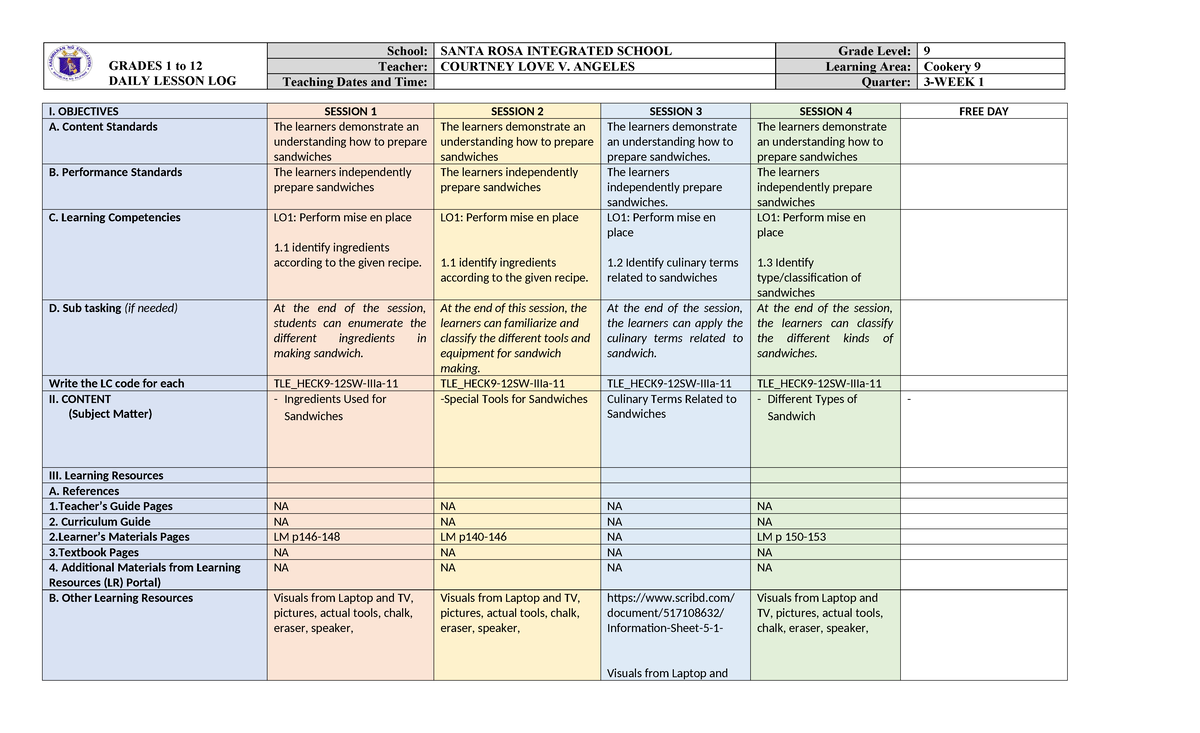 Cookery 9 3rd Quarter Dll - GRADES 1 to 12 DAILY LESSON LOG School ...