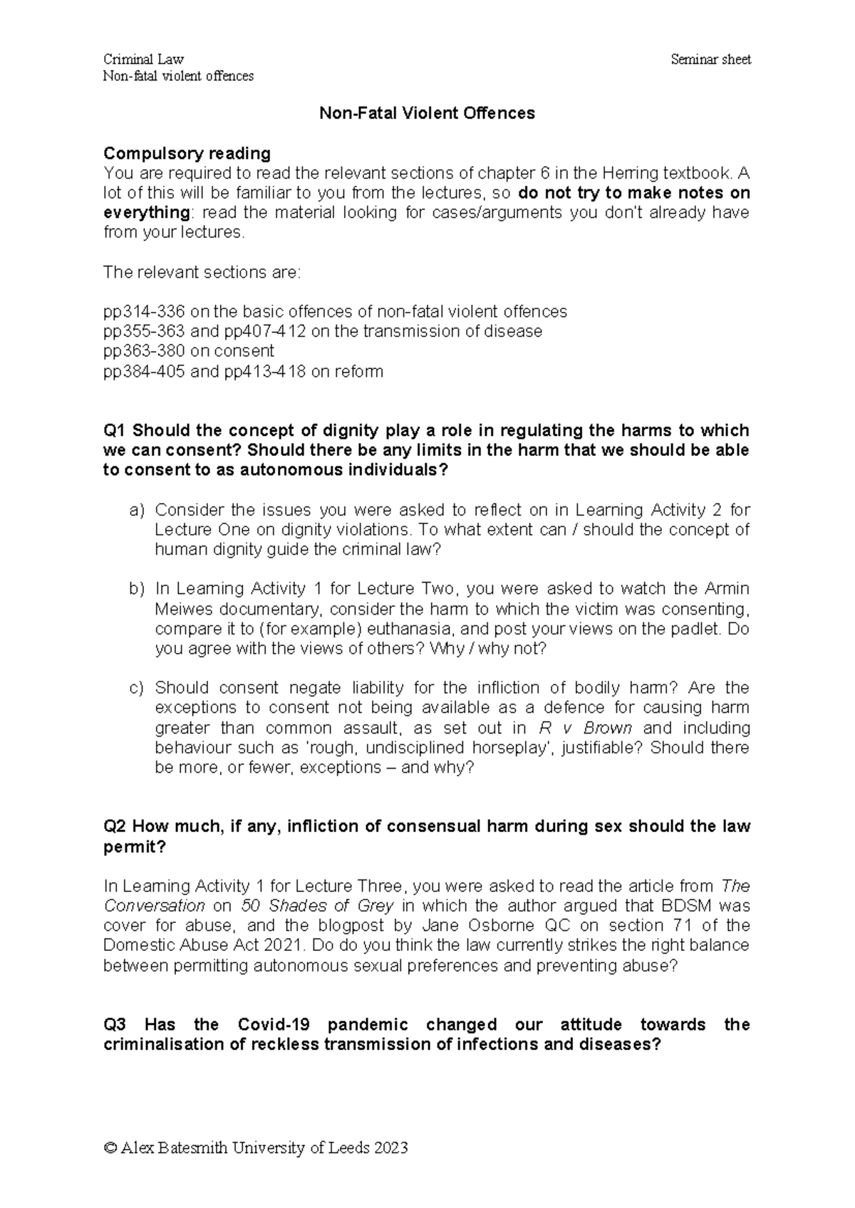 Seminar 3 Non-Fatal Violent Offences - Criminal Law Seminar sheet Non ...