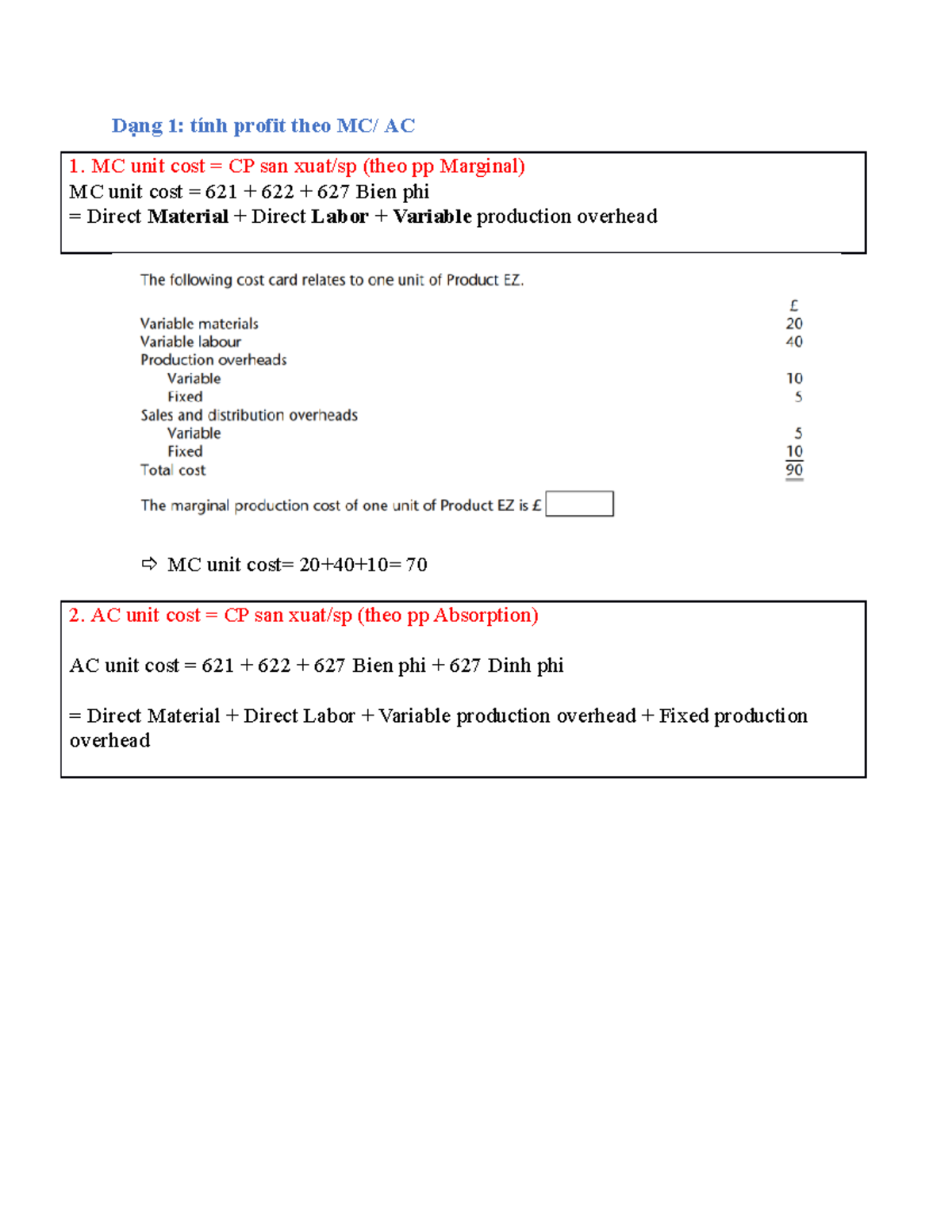 Ktqt2 - dhdh - Dạng 1: tính profit theo MC/ AC MC unit cost = CP san ...