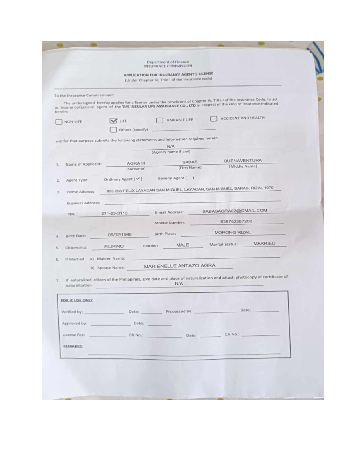 LIFE - ... - Department of Finance INSURANCE COMMISSION APPLICATION FOR ...