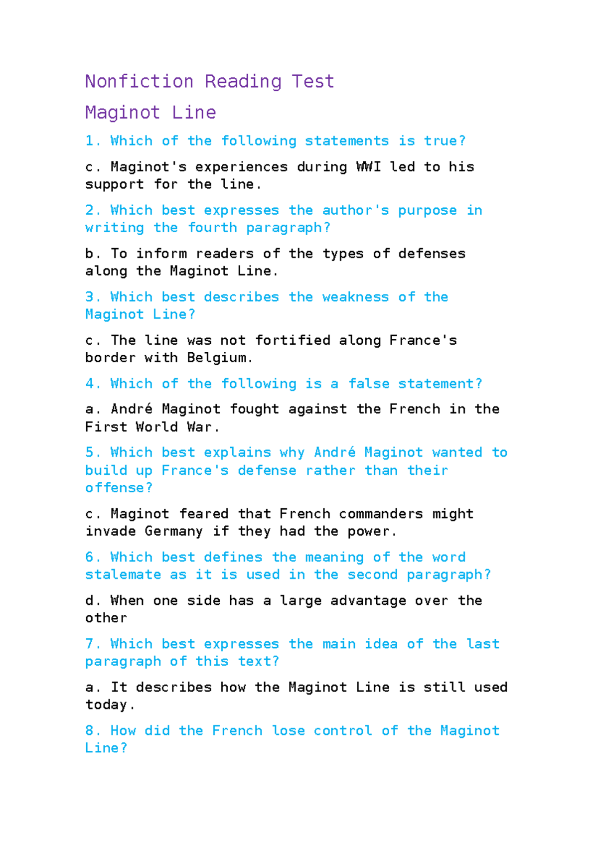 Nonfiction Reading Test - Nonfiction Reading Test Maginot Line 1. Which ...