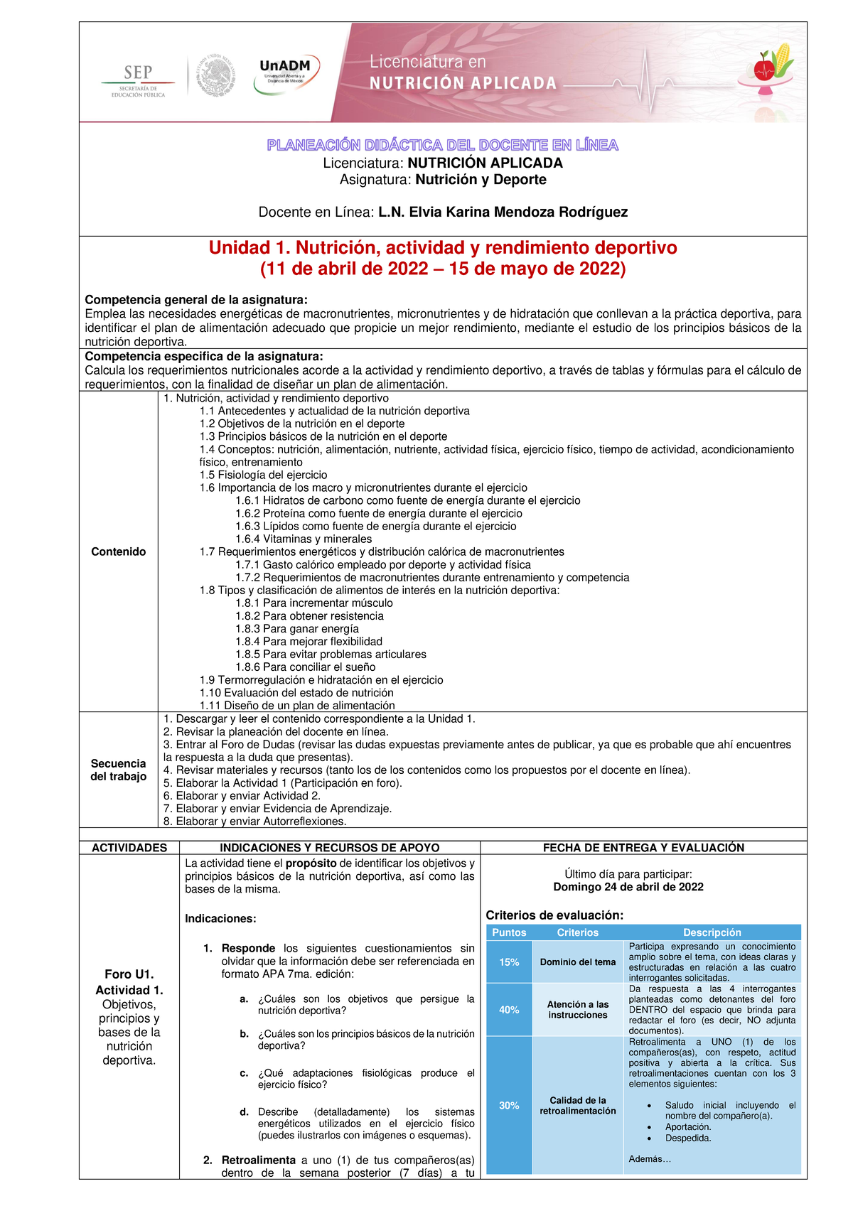 Planeación Didáctica NDE U1 2022 - Nutrición - UnADM - Studocu