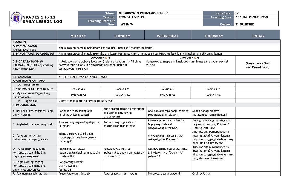 DLL Araling Panlipunan 4 Q1 W3 - GRADES 1 to 12 DAILY LESSON LOG School: MILAGROSA ELEMENTARY ...