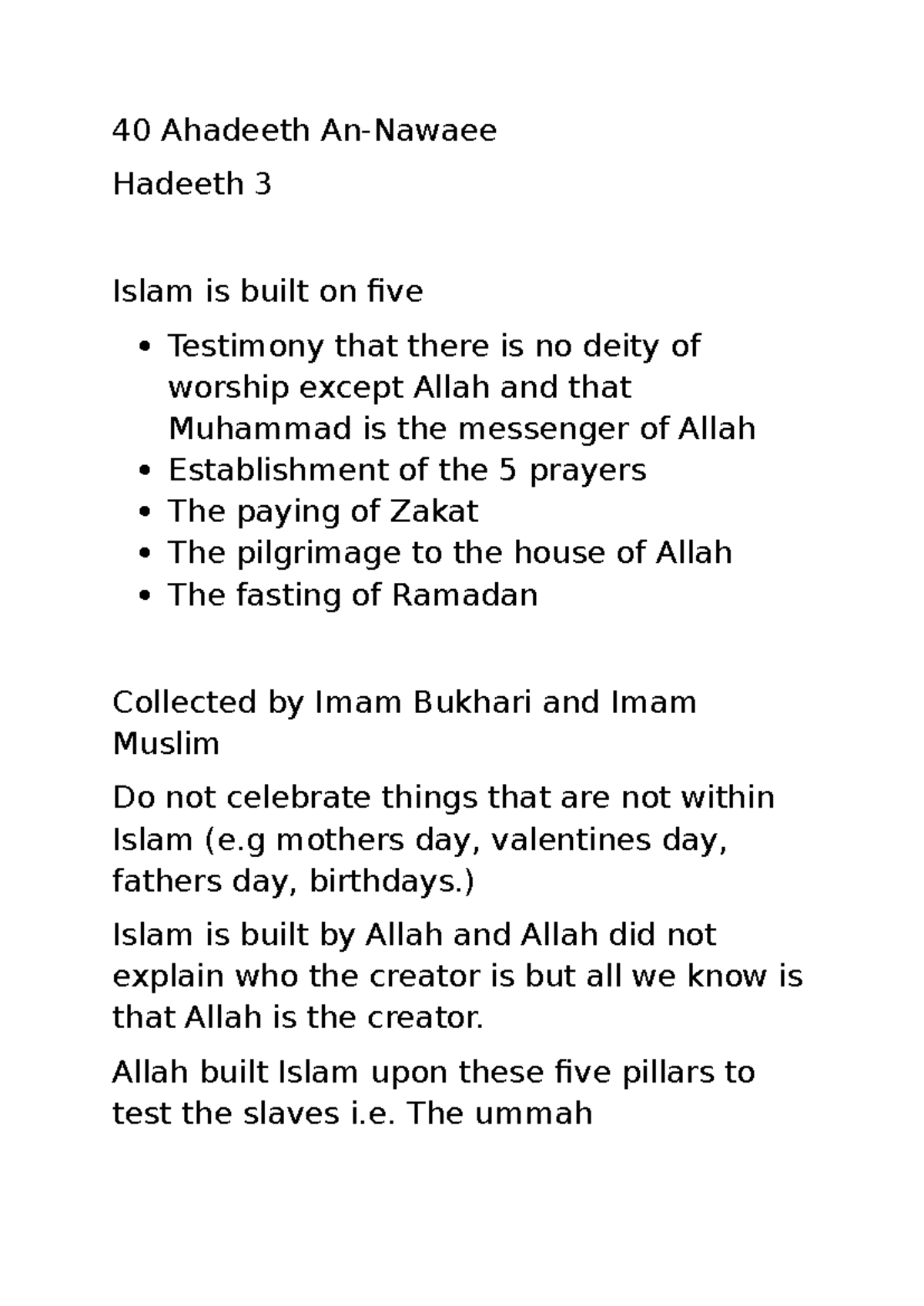 Document - Maths - 40 Ahadeeth An-Nawaee Hadeeth 3 Islam is built on ...