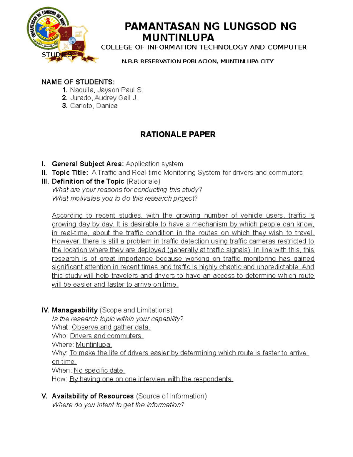 Rationale Paper Citcs - gtgertgfr - PAMANTASAN NG LUNGSOD NG MUNTINLUPA ...