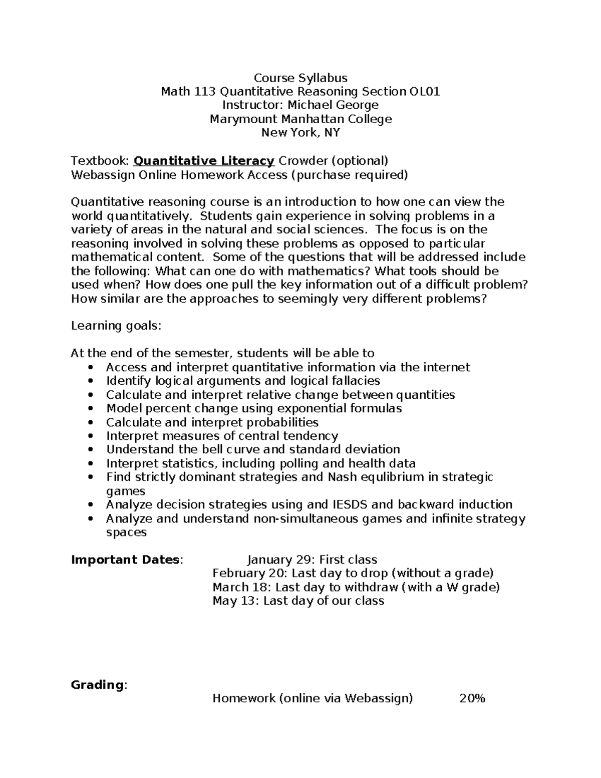 MAT 113 OL Spring 2024 - Course Syllabus Math 113 Quantitative ...