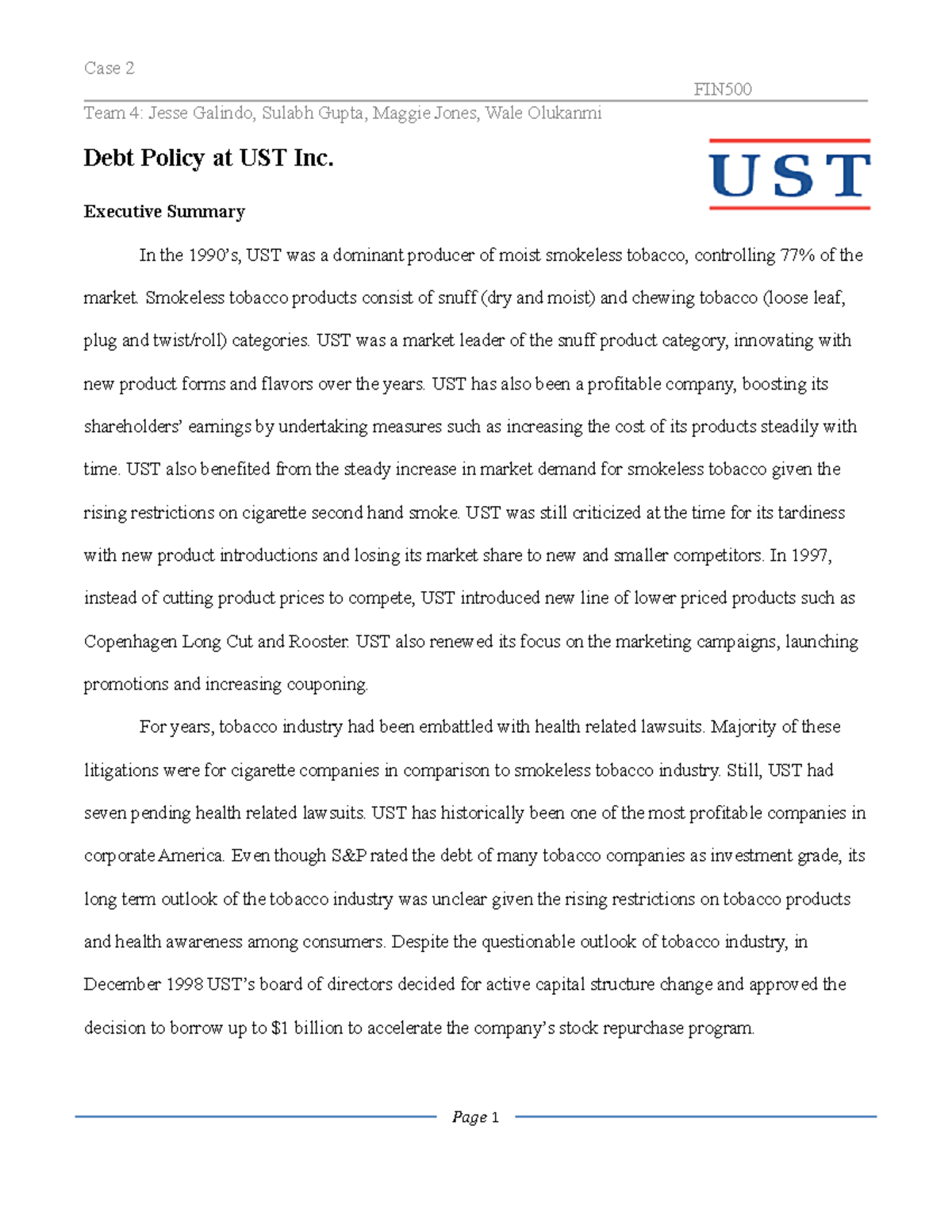 Debt Policy at UST Inc - finc - Case 2 FIN Team 4: Jesse Galindo ...