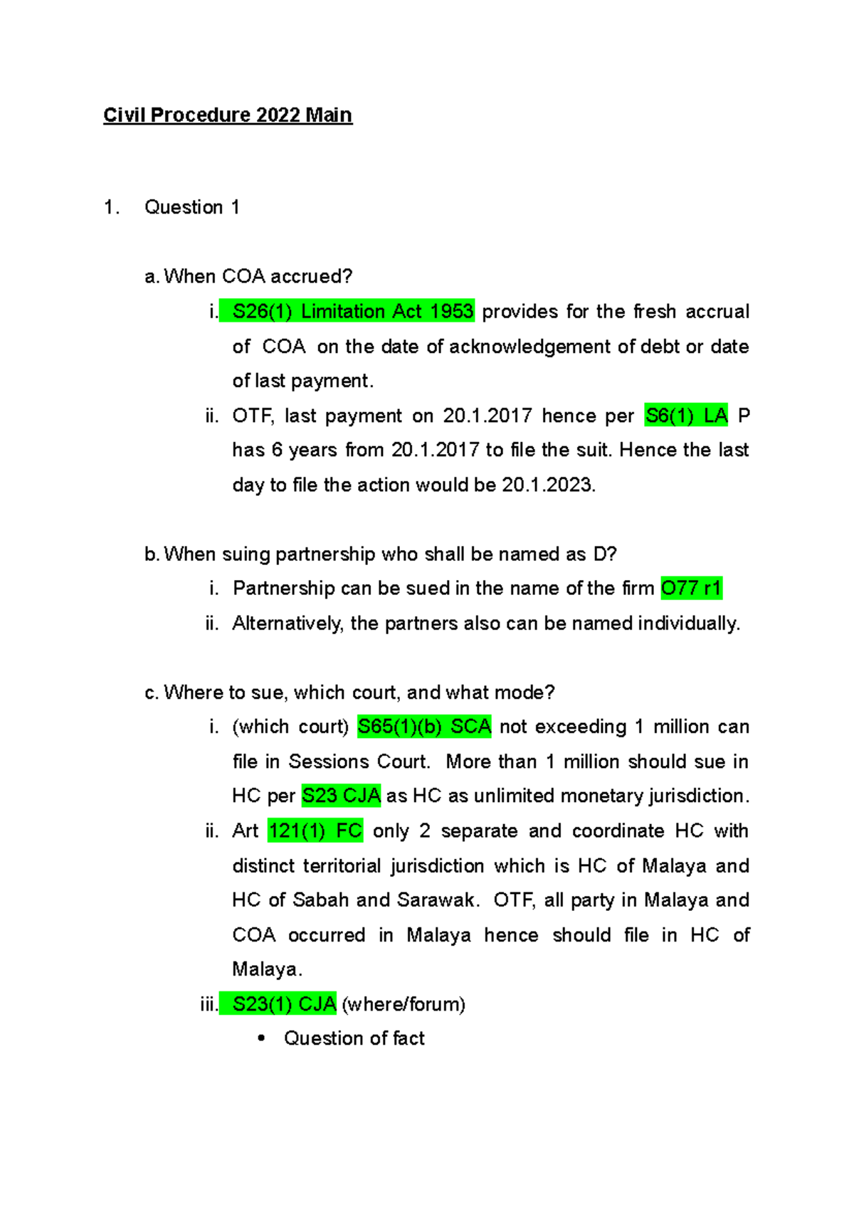 Civil Procedure 2022 Main - Civil Procedure 2022 Main Question 1 a ...