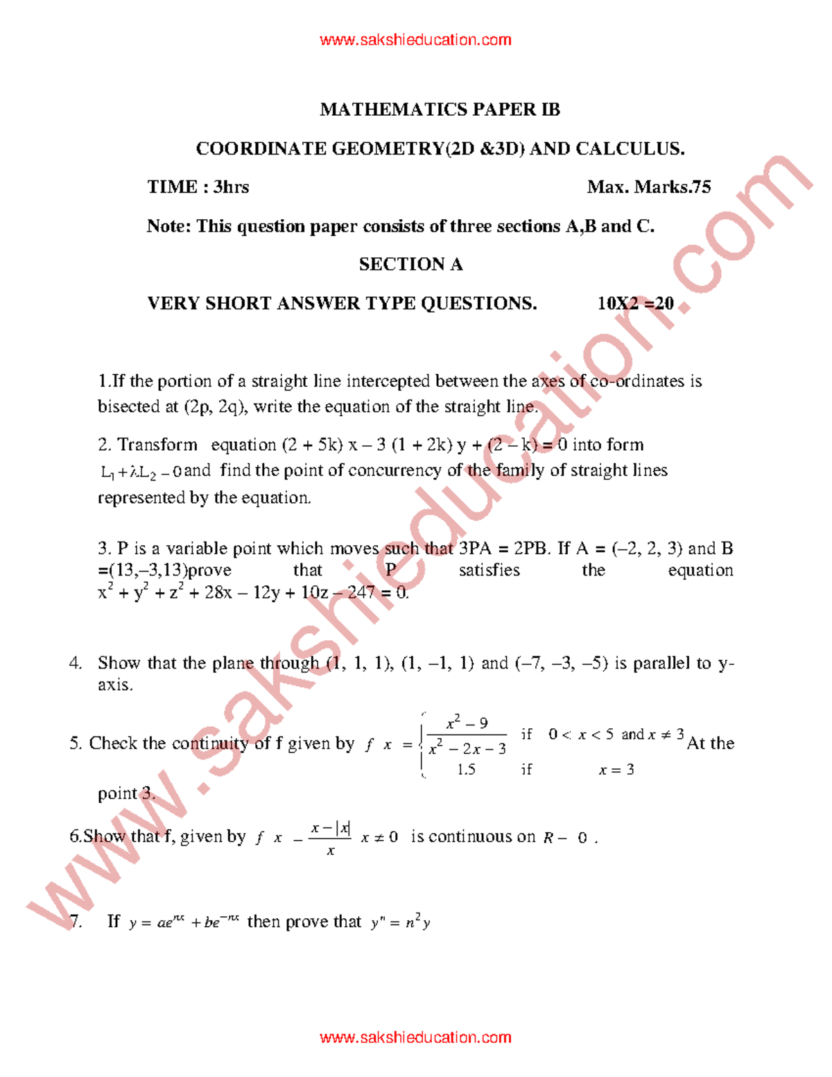 1b-5 - practice - MATHEMATICS PAPER IB COORDINATE GEOMETRY(2D &3D) AND ...