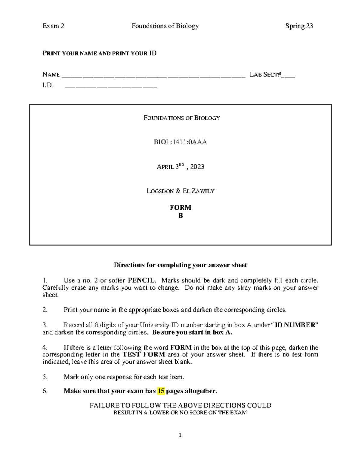 KEY midterm exam 2- with answers - PRINT YOUR NAME AND PRINT YOUR ID ...