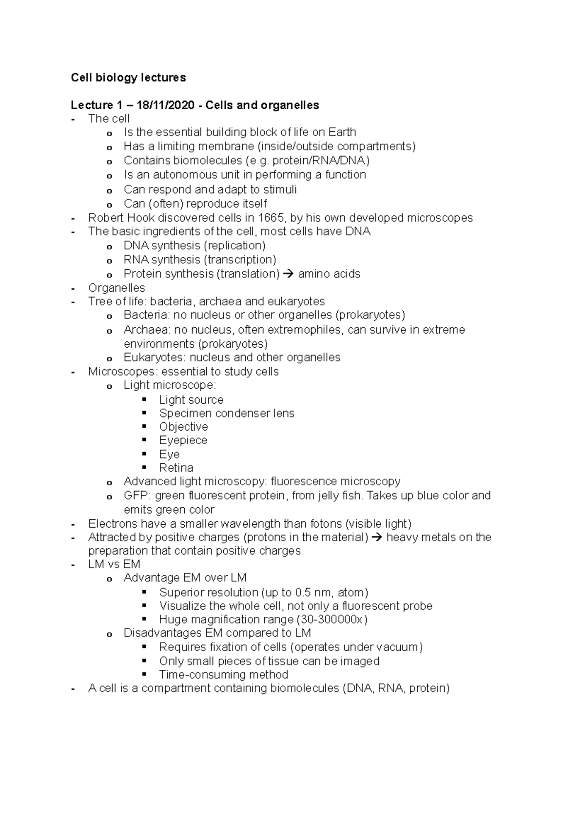 Cell biology lecture notes - Cell biology lectures Lecture 1 – 18/11 ...