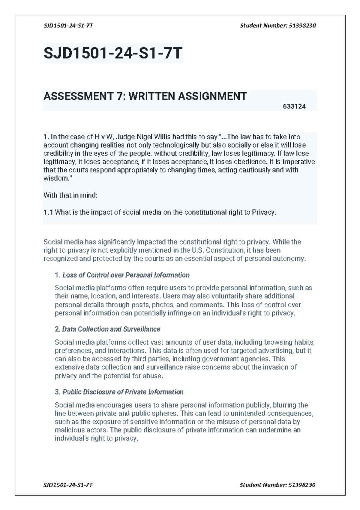 SJD1501 24 S1 7T - SJD1501- 24 - S1-7T ASSESSMENT 7: WRITTEN ASSIGNMENT ...