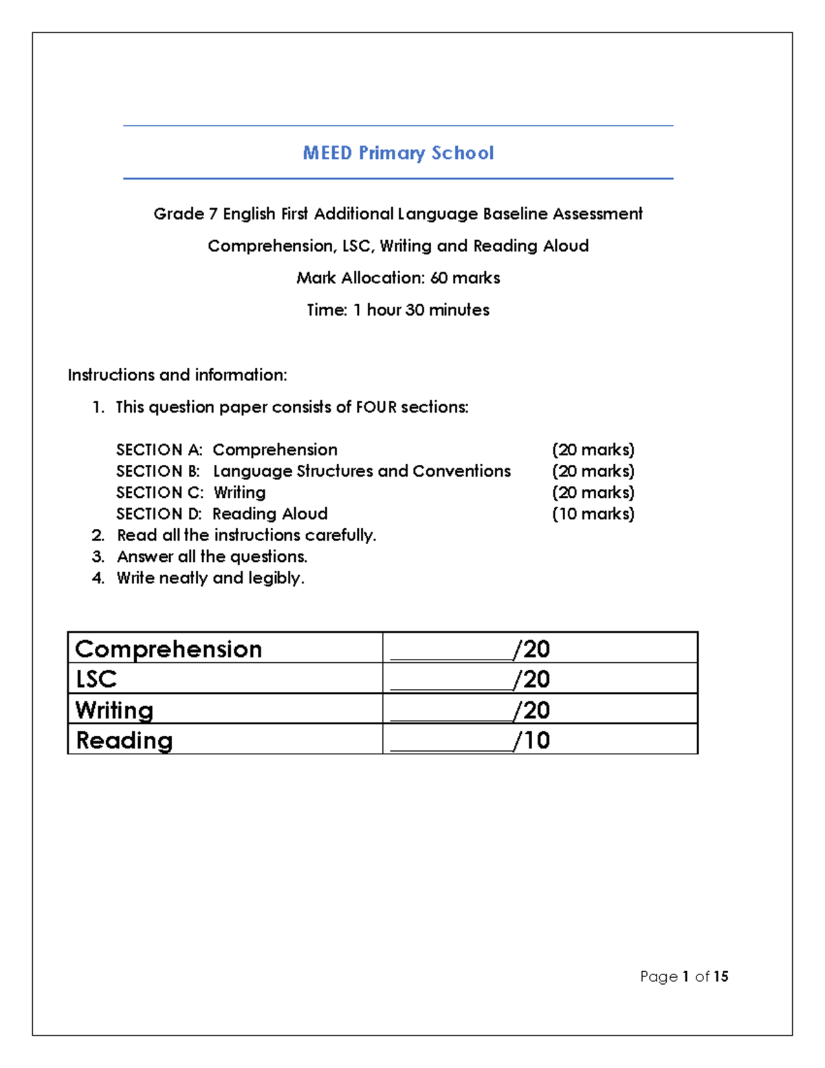 Grade 7 fal baseline - Page 1 of 15 MEED Primary School Grade 7 English ...
