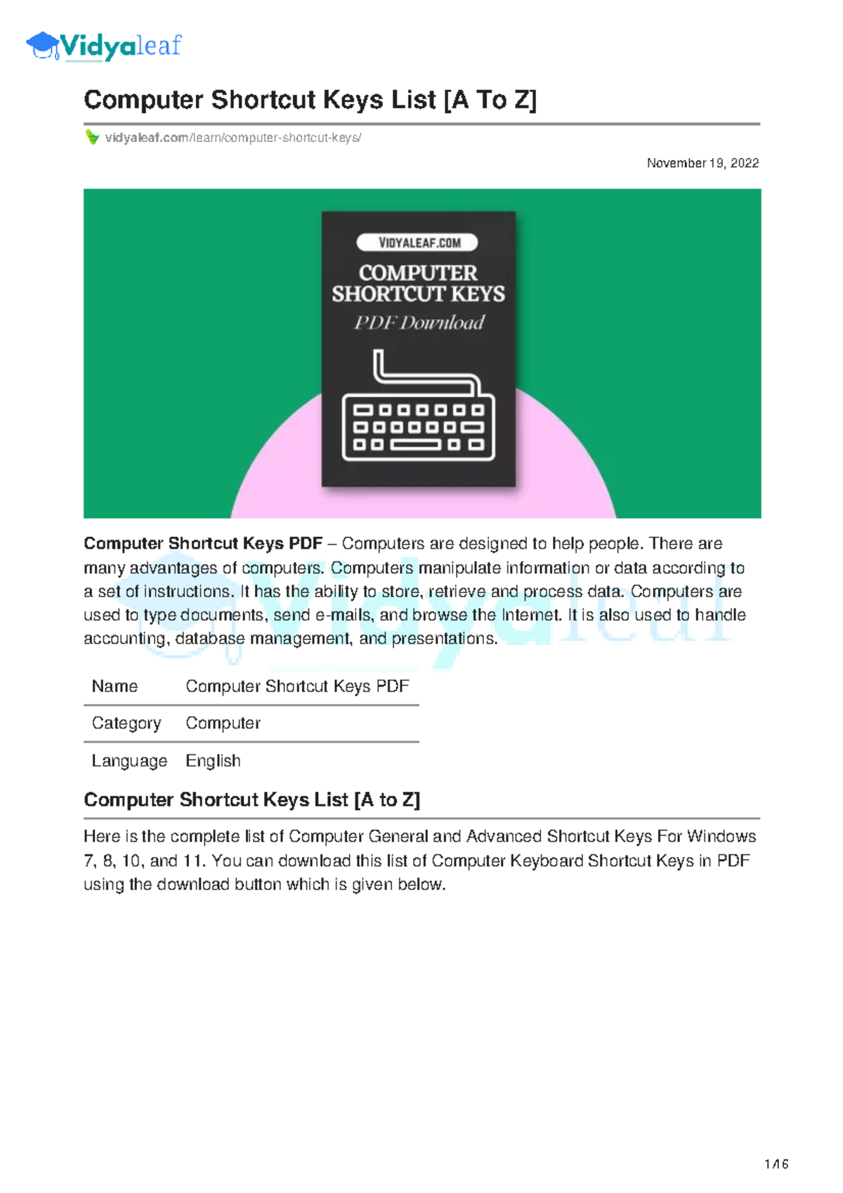 Computer Shortcut Keys List - vidyaleaf - Computer Shortcut Keys List ...