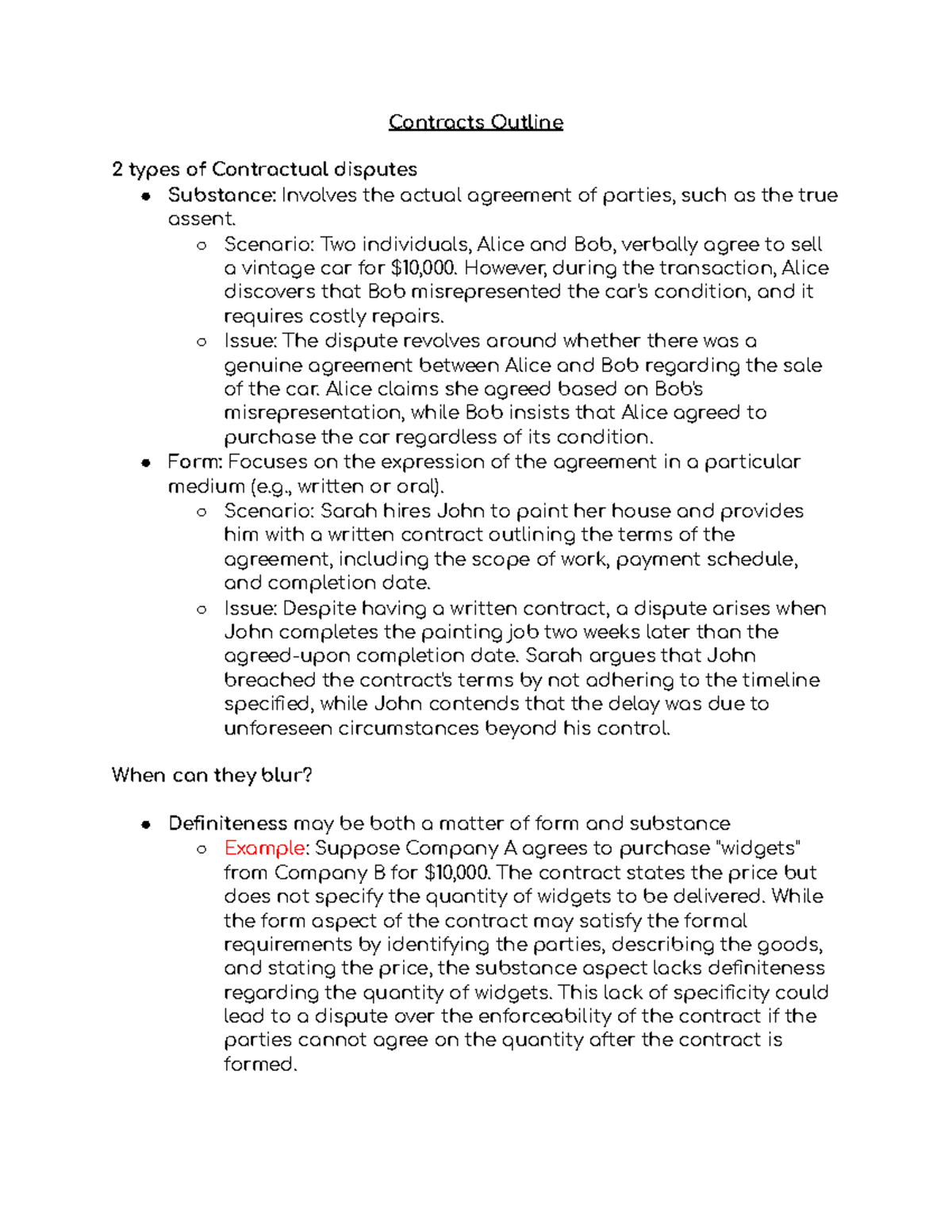 Midyear Contracts II Outline - Contracts Outline 2 types of Contractual ...