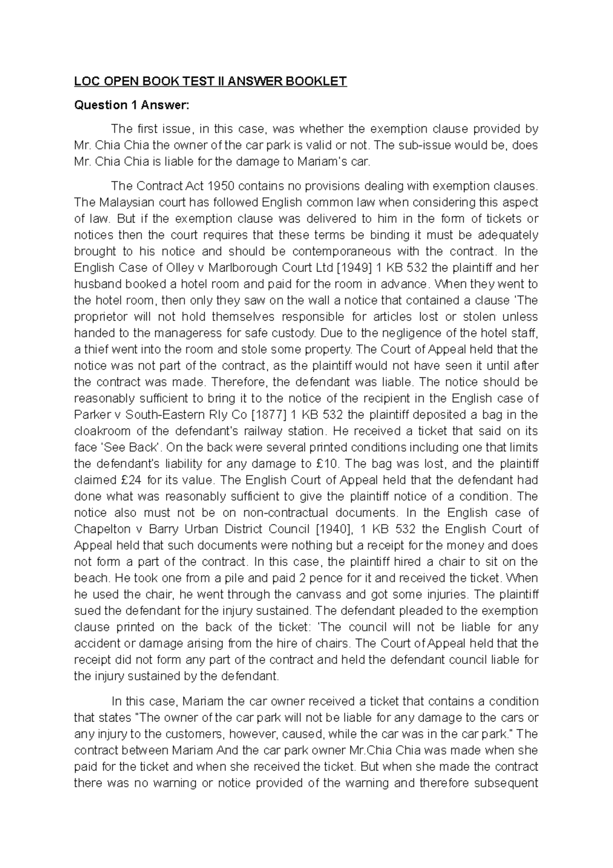 LOC OBT Answer Booklet - LOC OPEN BOOK TEST II ANSWER BOOKLET Question ...