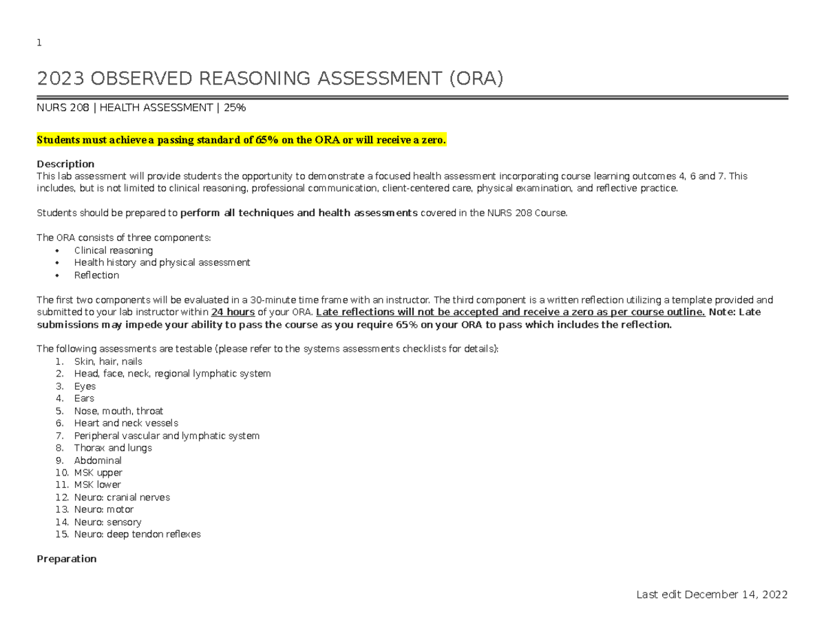 2023 ORA Assignment Details - 2023 OBSERVED REASONING ASSESSMENT (ORA ...