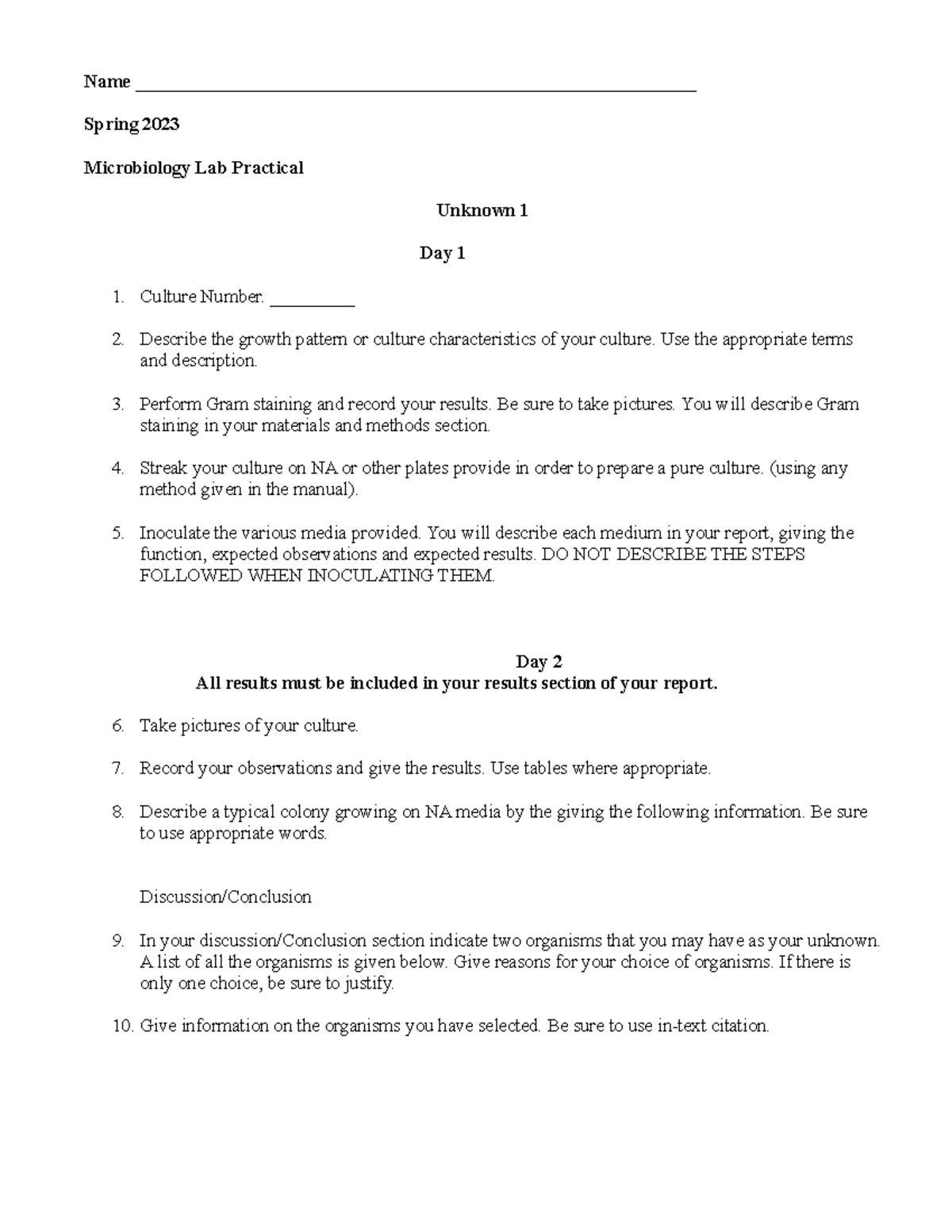 Microbiology Lab Practical #1 - Unknown - Guidelines Instructions ...
