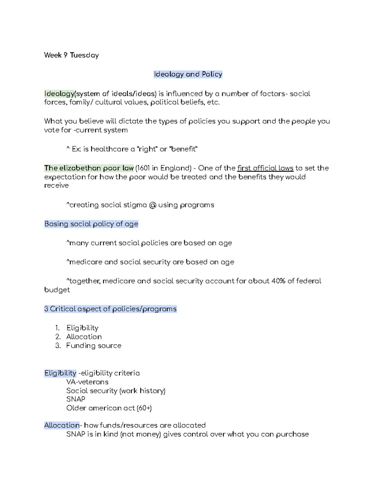 Gty classs notes week 9 day 1 - Week 9 Tuesday Ideology and Policy ...