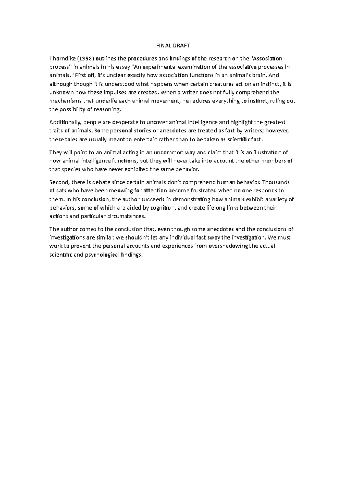 Final Draft 1- Fernando Noa - FINAL DRAFT Thorndike (1998) outlines the procedures and findings ...