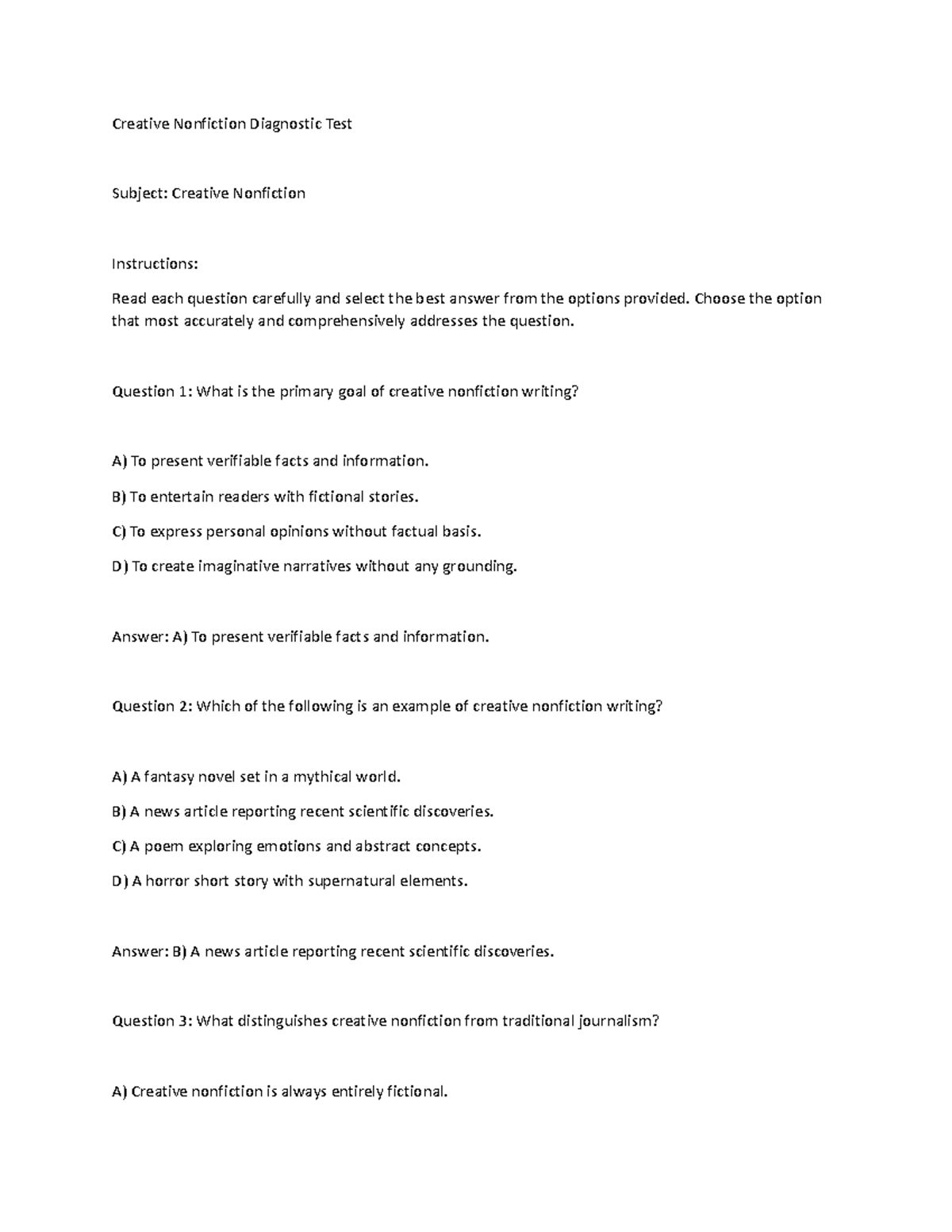 Creative Nonfiction Diagnostic Test - Creative Nonfiction Diagnostic ...