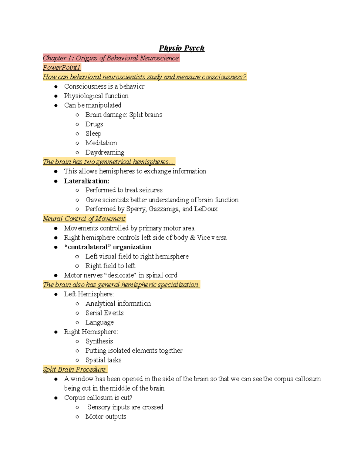 Physio Psych - Lecture notes and course assignments - Physio Psych ...