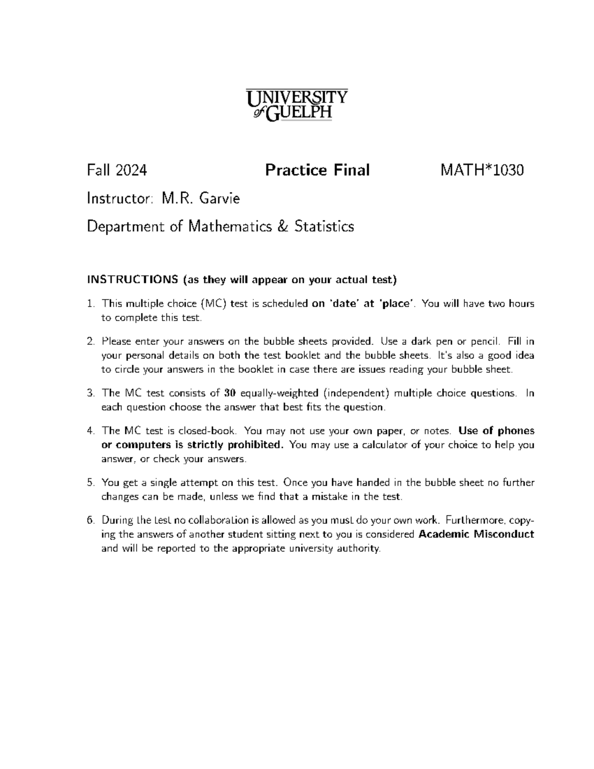 Math 1030 Practice Final TEST - UNIVERSITY GUELPH Fall 2024 Practice ...