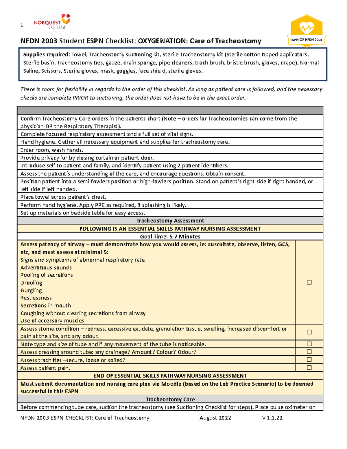 NFDN 2003 Student ESPN Checklist Trachesotomy Assessment and Care ...
