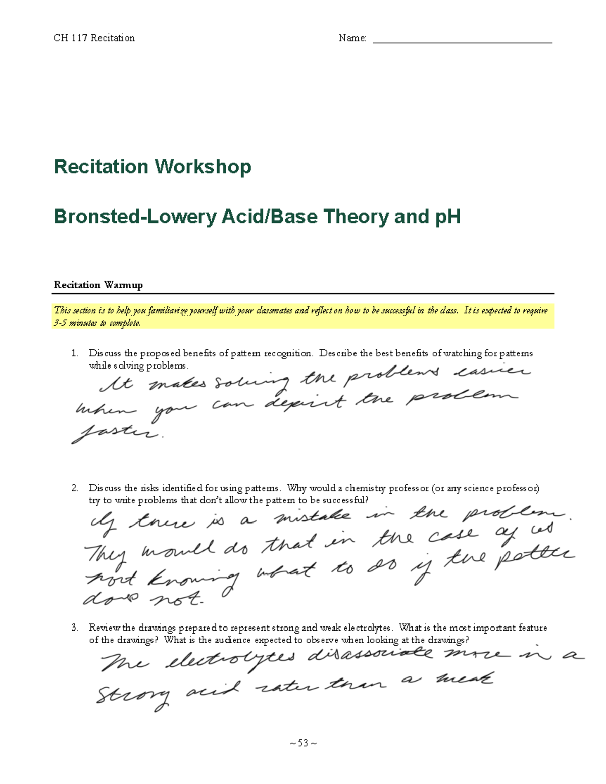07 Bronsted Lowery Acid Base Theory and p H - Recitation Workshop ...