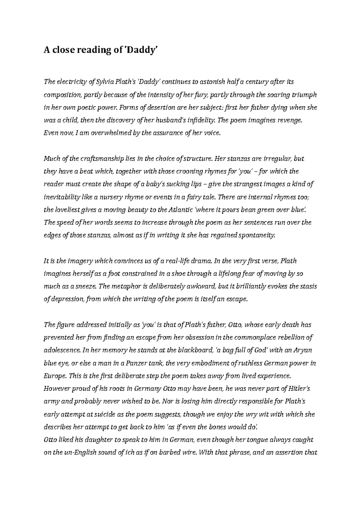 COMM1110 lecture 2 module 1 - A close reading of 'Daddy' The ...