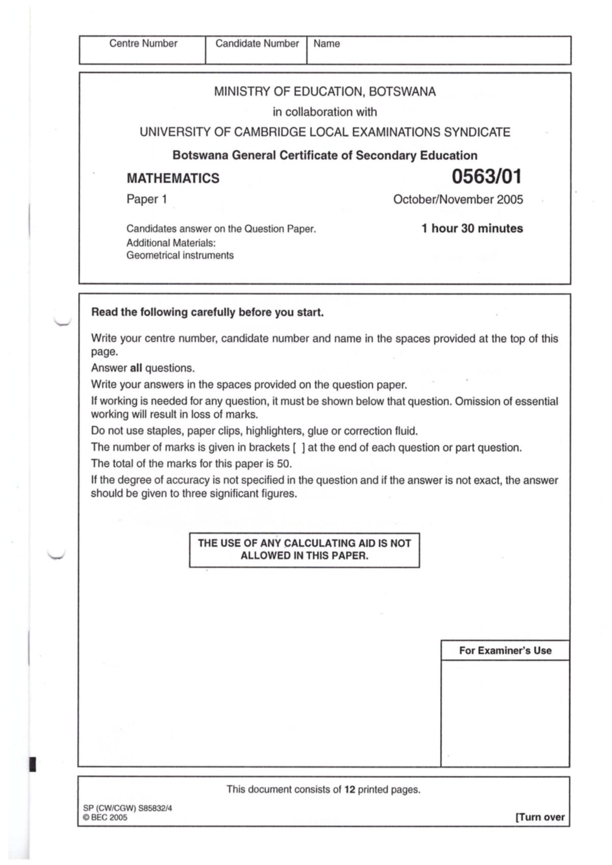 Bgcse Maths PP1 2005 - REVISION MATERIALS FOR MATHEMATICS PAPER1 ...