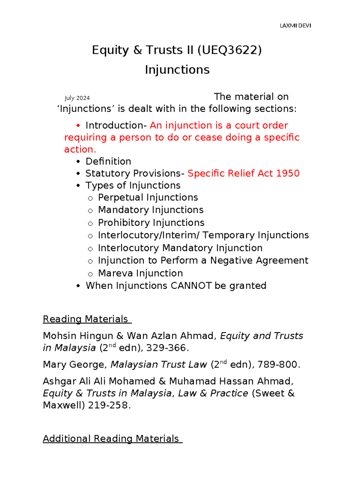 Injunctions Handout 2 - good - Equity & Trusts II (UEQ3622) Injunctions ...