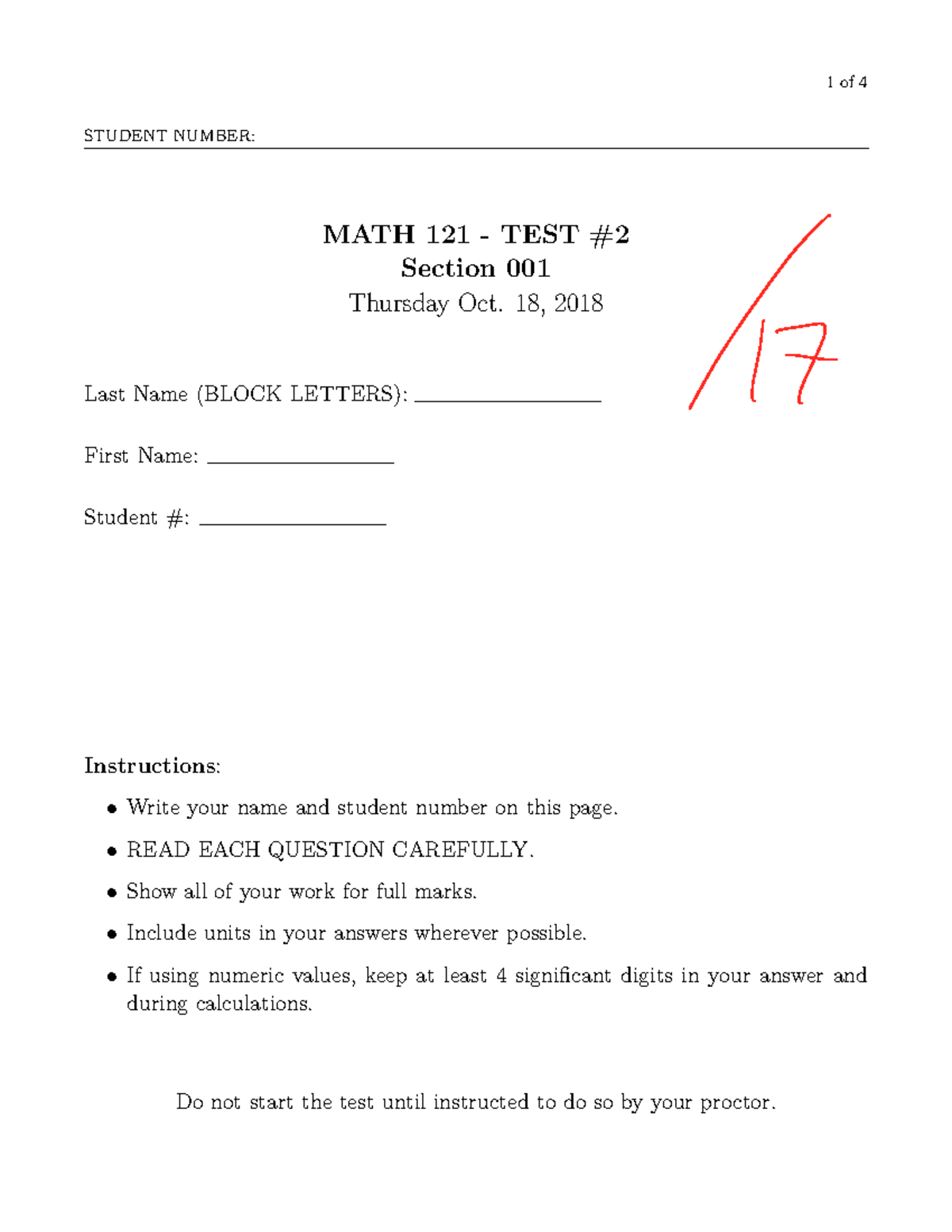 Test02Solutions - Practice cal test - STUDENT NUMBER: MATH 121 - TEST ...