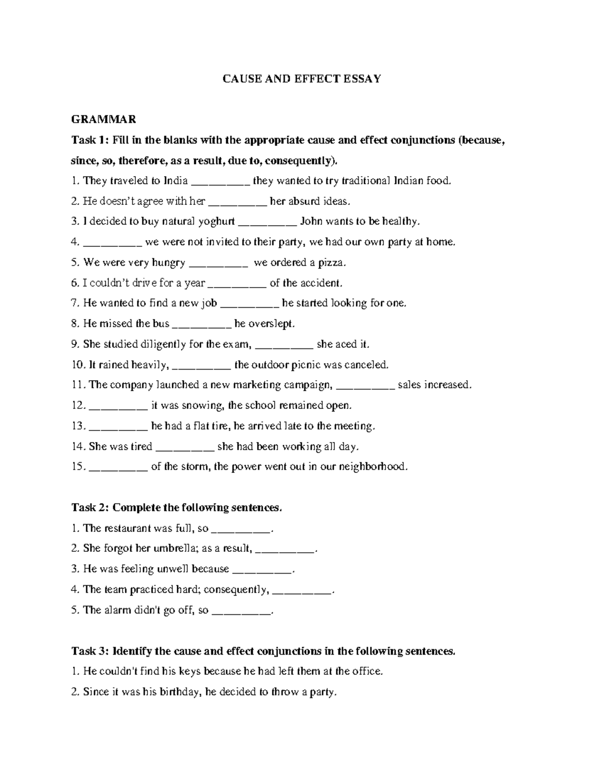 Cause Effect Essay Students - CAUSE AND EFFECT ESSAY GRAMMAR Task 1 ...