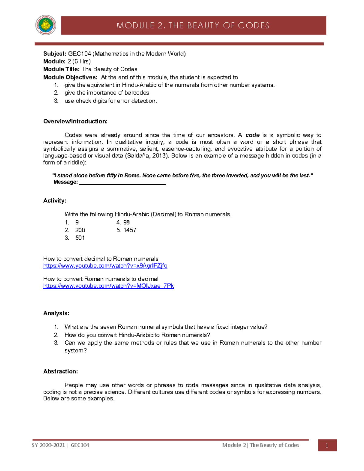 GEC 104 Module 2 - Lecture notes 1 - Subject: GEC104 (Mathematics in ...