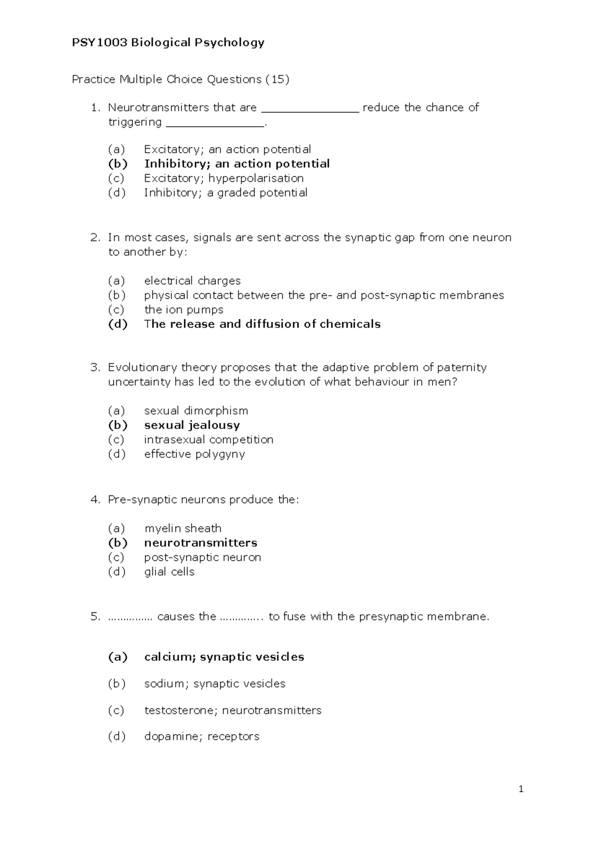 PSY1003 Bio Psych MCQs answers part 2 (1) - Practice Multiple Choice ...