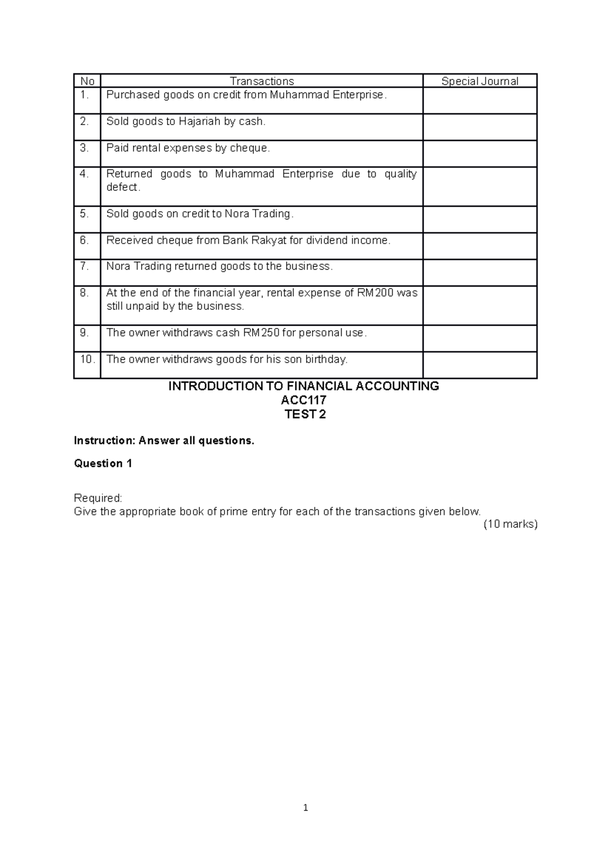 Test 2 acc117 - sem mac 2022 - No Transactions Special Journal ...