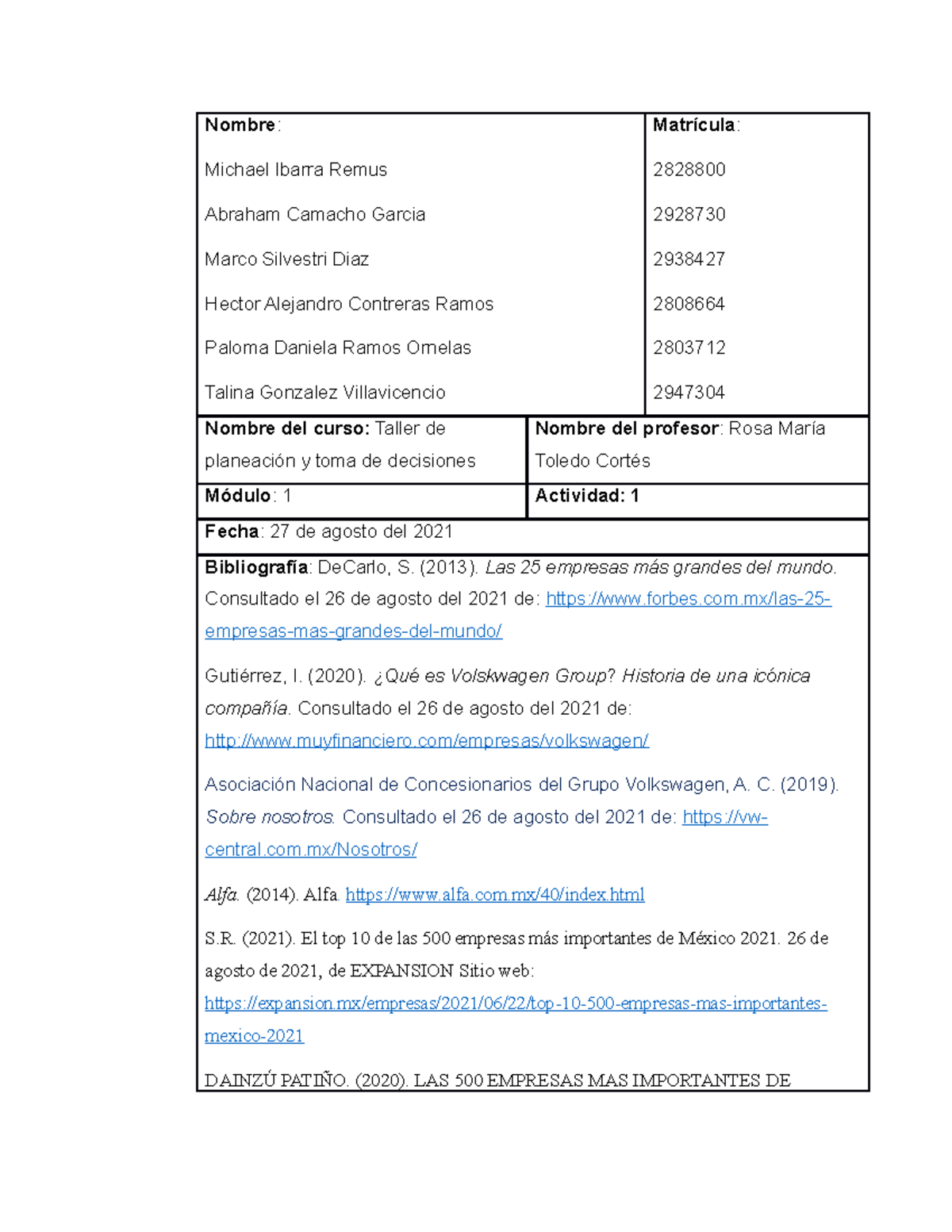 Act 1 taller planeacion 5to semestre universidad tecmilenio canvas tema ...