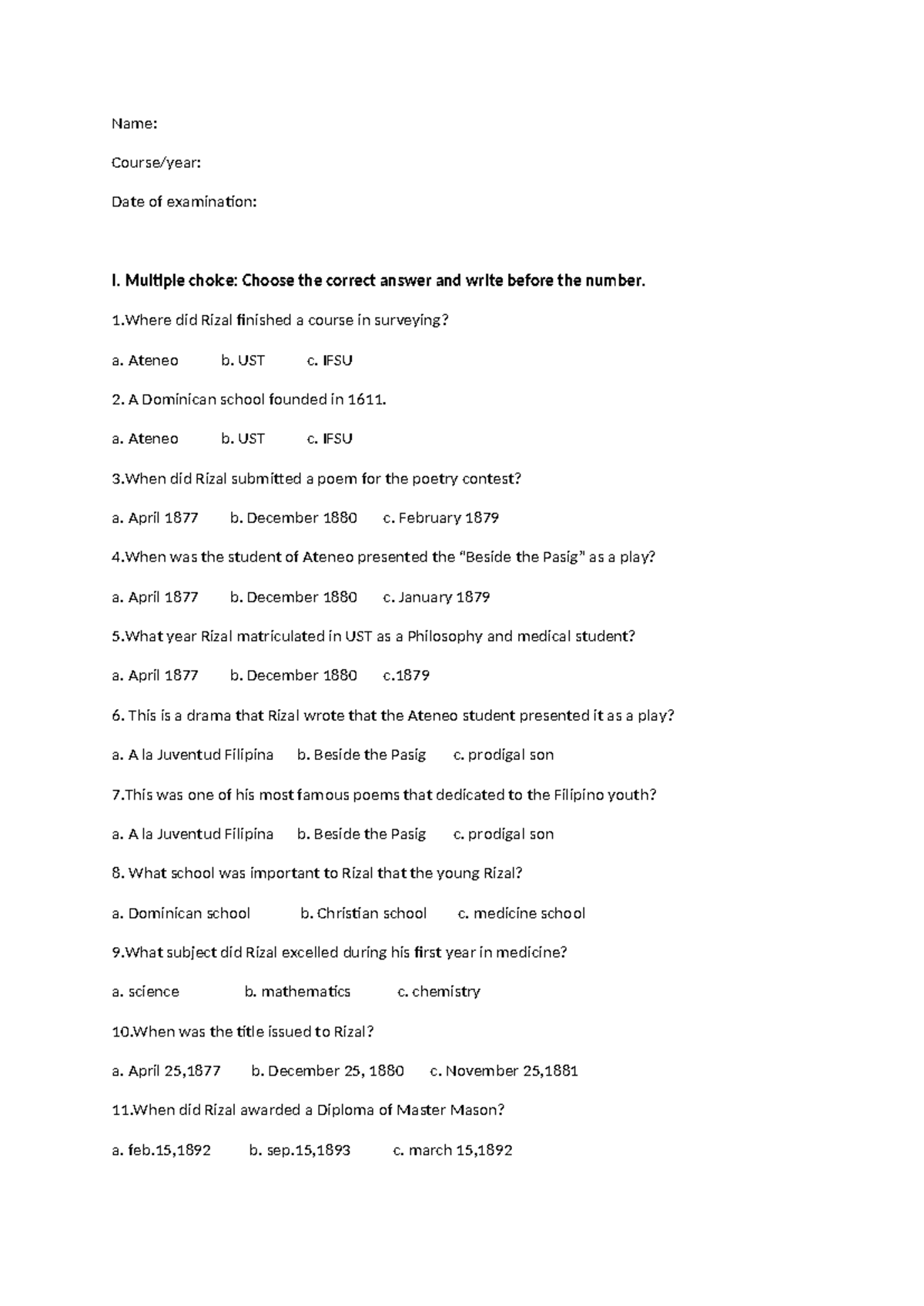 Test-Paper - Test-Paper - Name: Course/year: Date of examination: I ...
