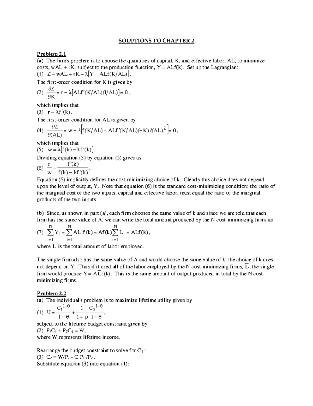 Romer 5e solutions manual 02 - SOLUTIONS TO CHAPTER 2 Problem 2. (a) The firm's problem is to ...
