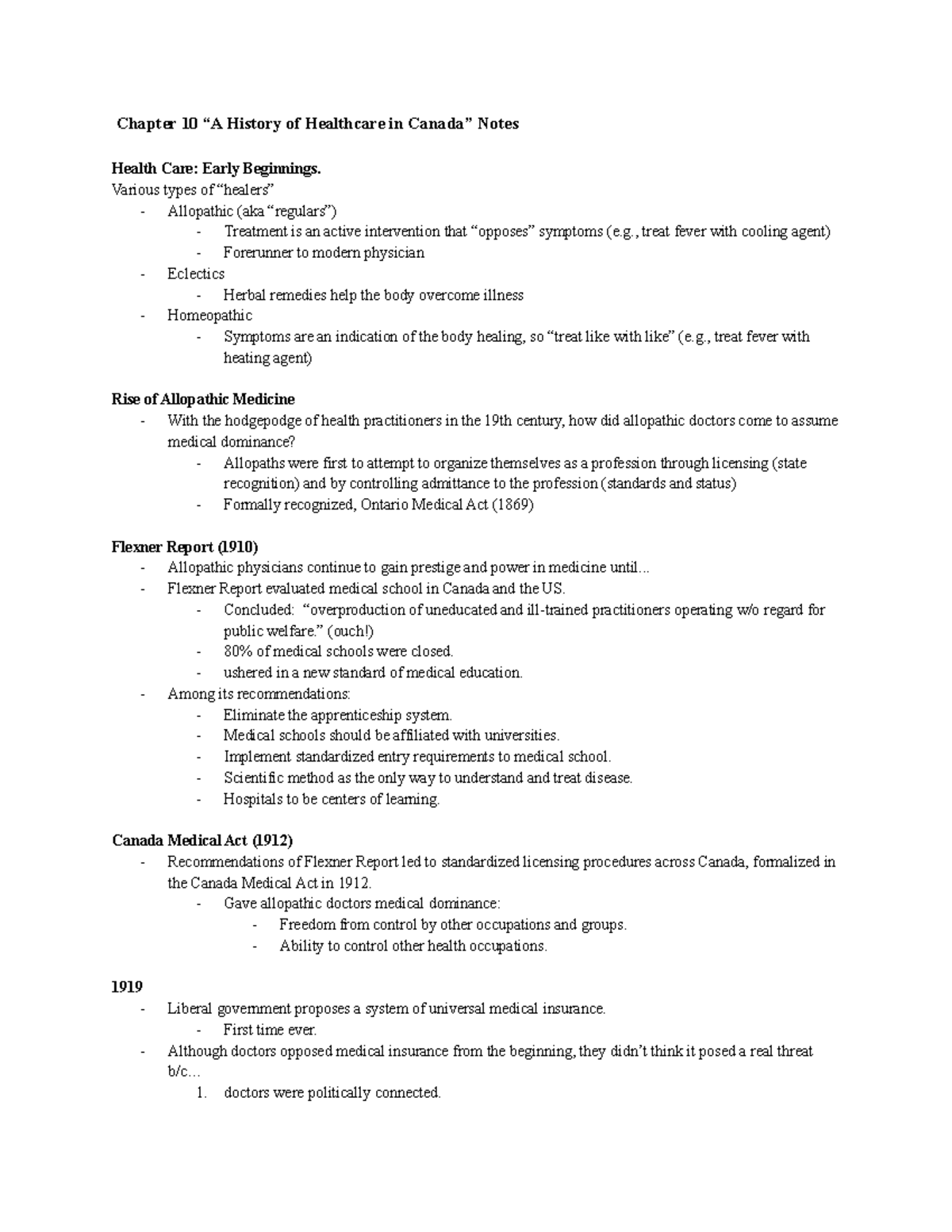 Chapter 10 “A History of Healthcare in Canada” Notes - Various types of ...