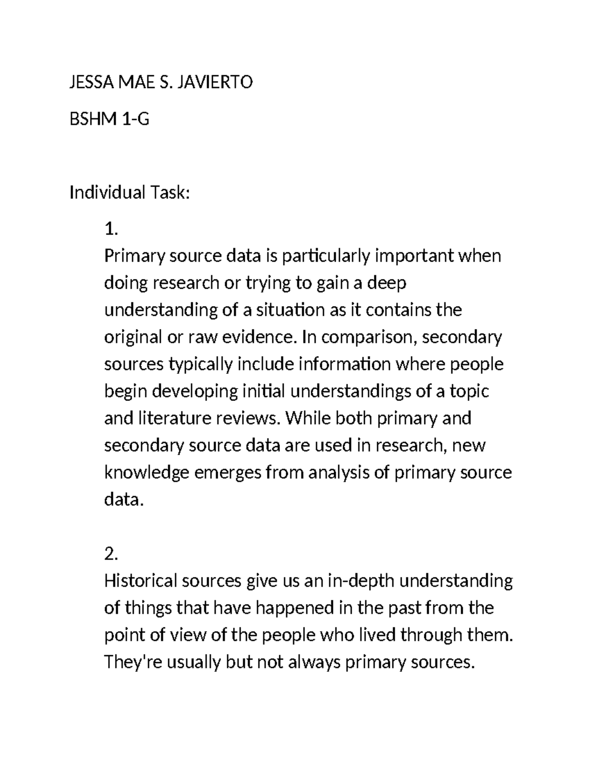 Individual TASK - nothing - JESSA MAE S. JAVIERTO BSHM 1-G Individual ...