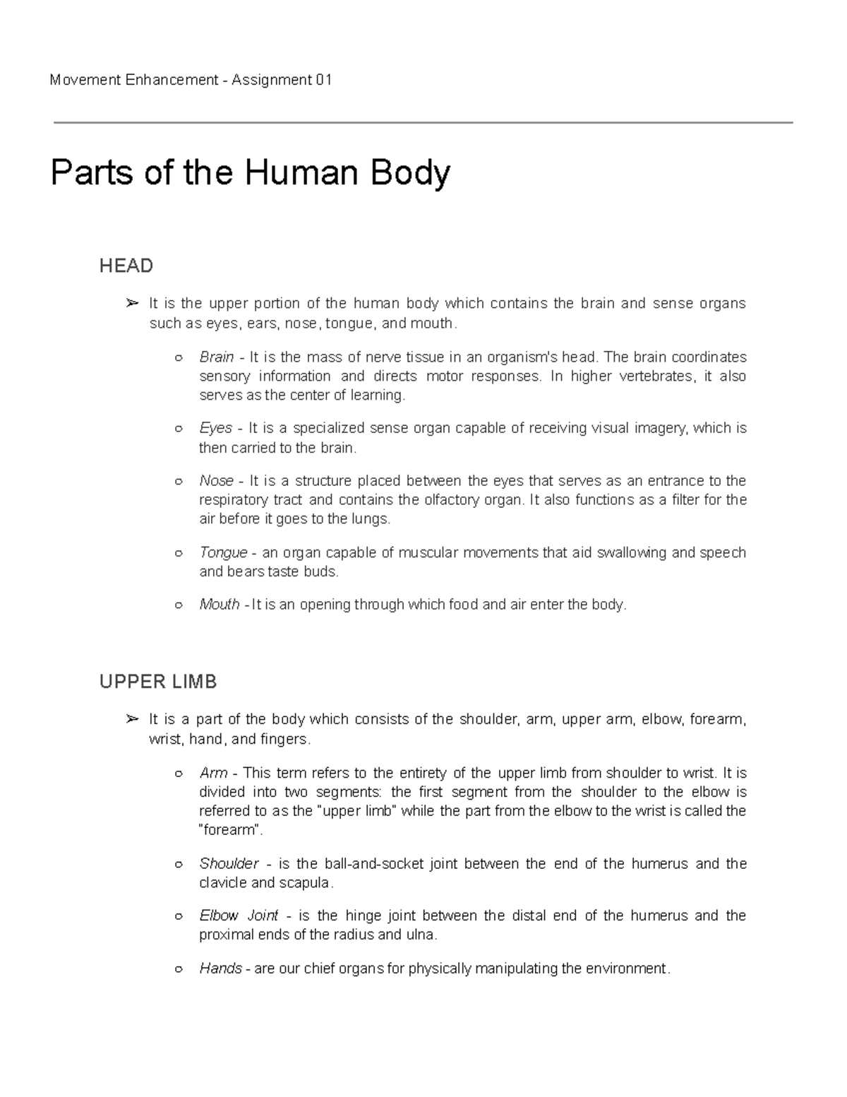 PARTS OF THE HUMAN BODY - Movement Enhancement - Assignment 01 Parts of ...
