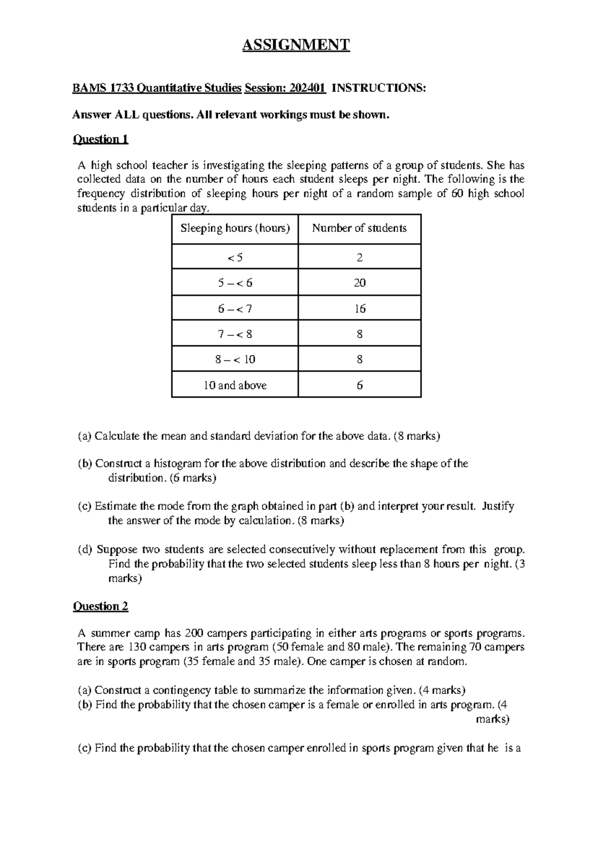 BAMS 1733 Assignment 202401 - ASSIGNMENT BAMS 1733 Quantitative Studies Session: 202401 - Studocu