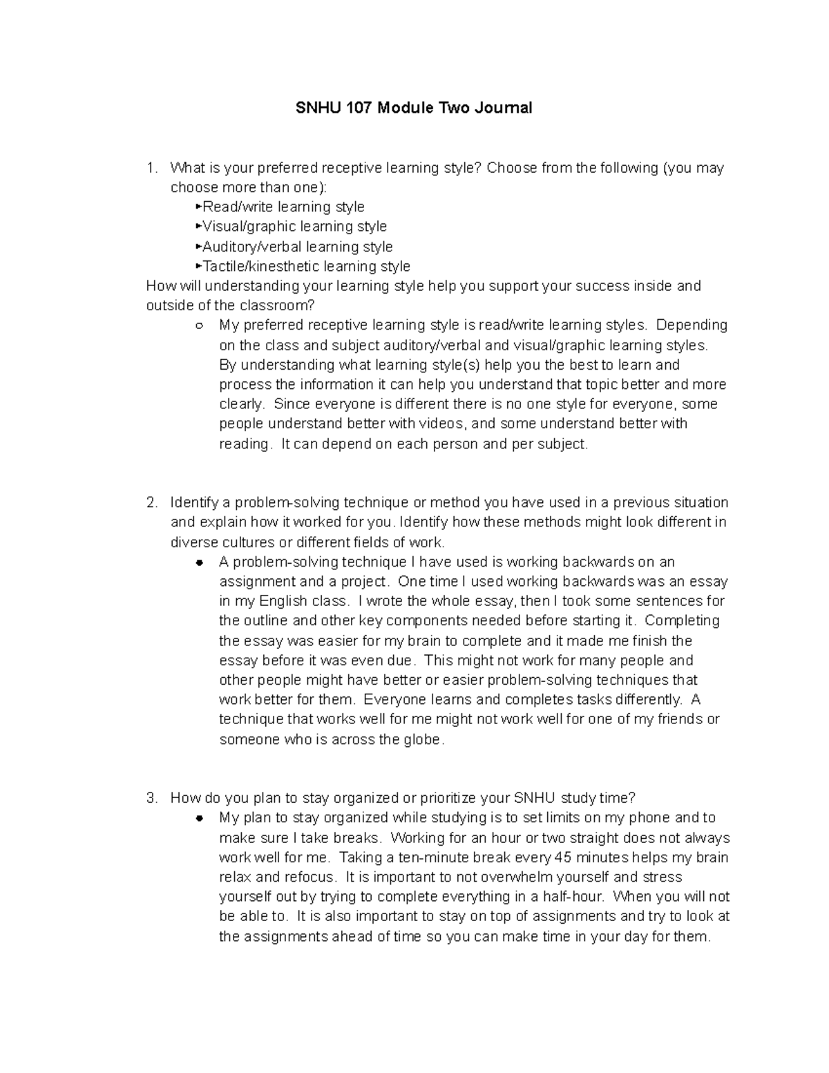SNHU 107 Module Two Journal - SNHU 107 Module Two Journal What is your ...