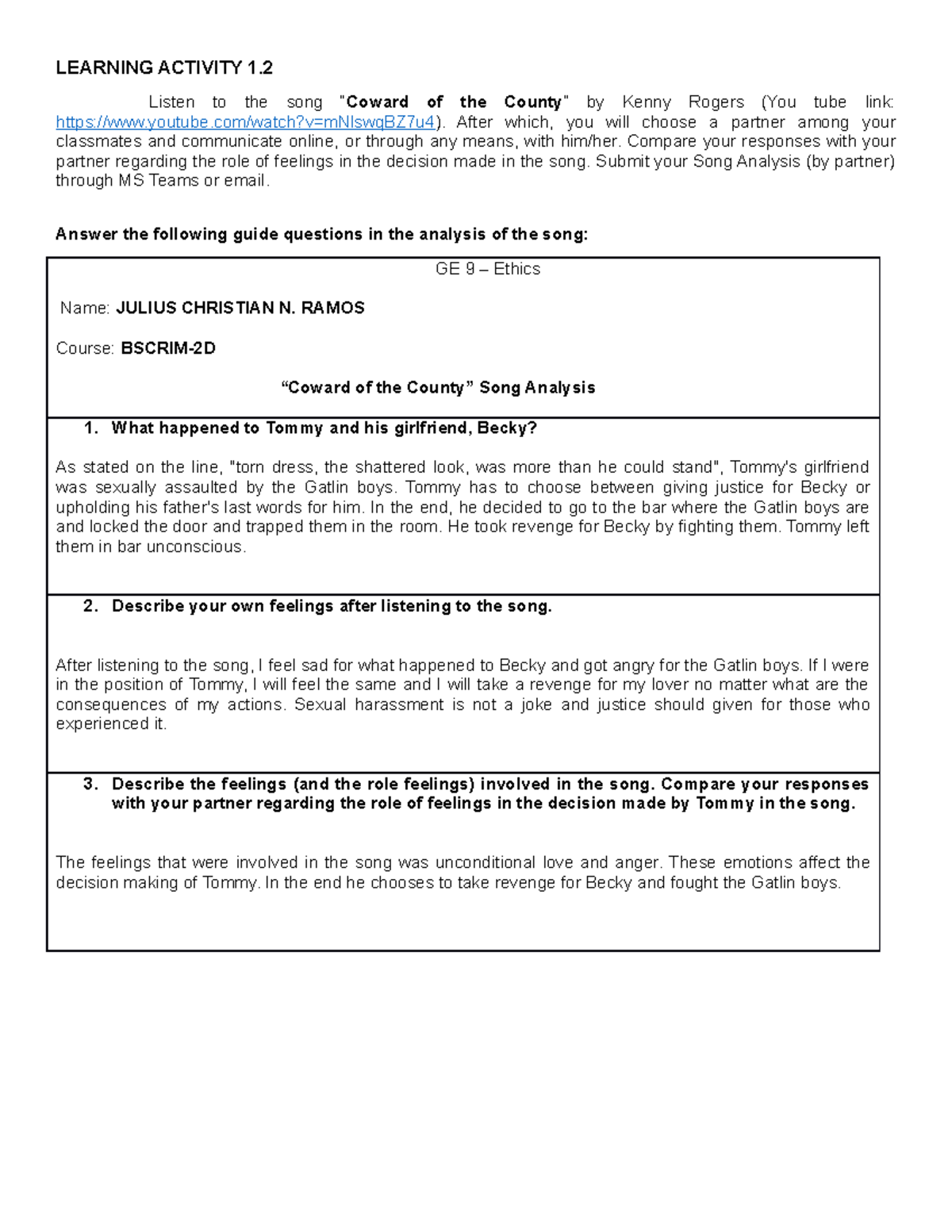 Julius learning activity 1 - LEARNING ACTIVITY 1. Listen to the song “ Coward of the County ” by ...