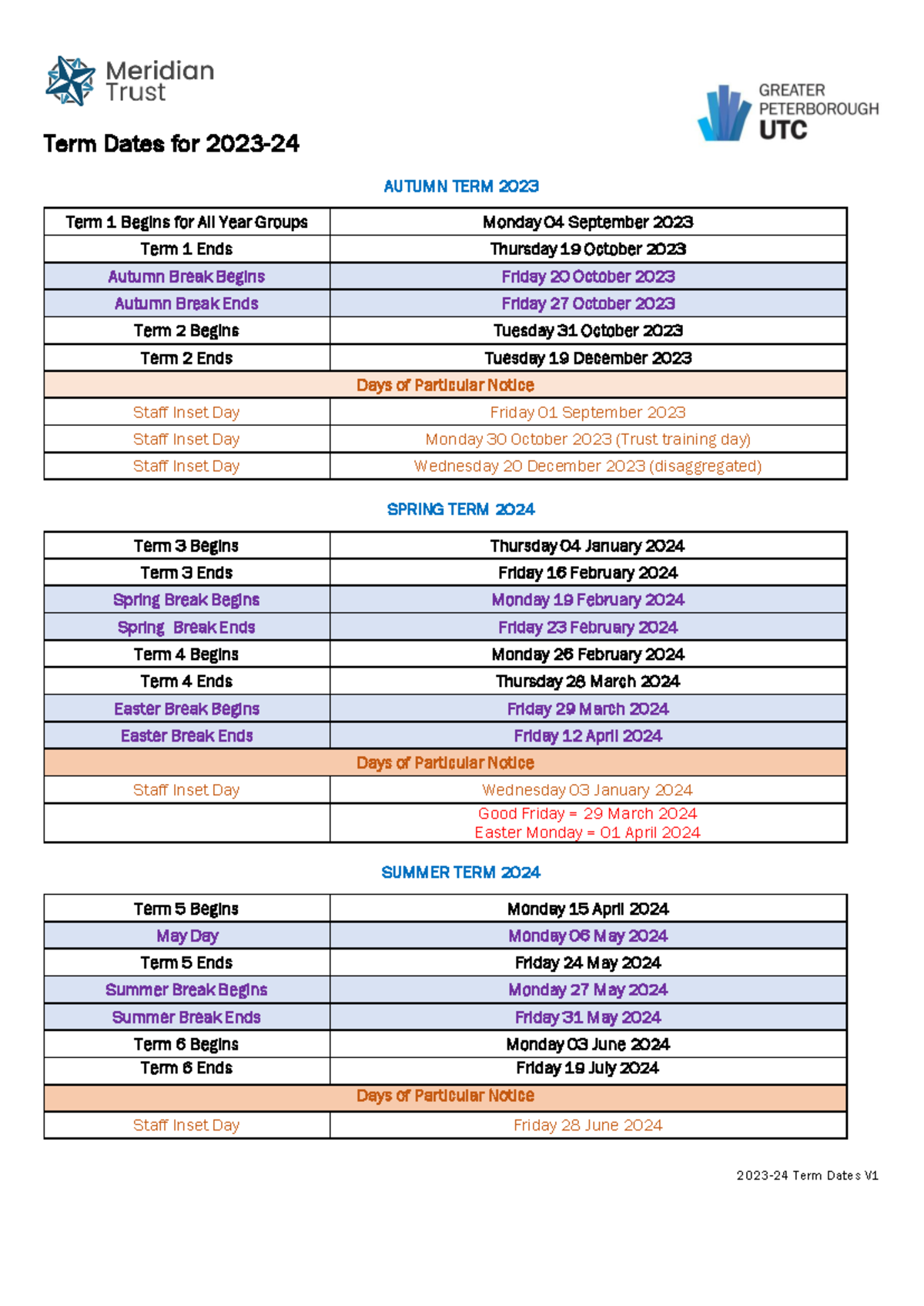 Term Dates 2023 24 - Very nice - Days of Particular Notice Staff Inset ...