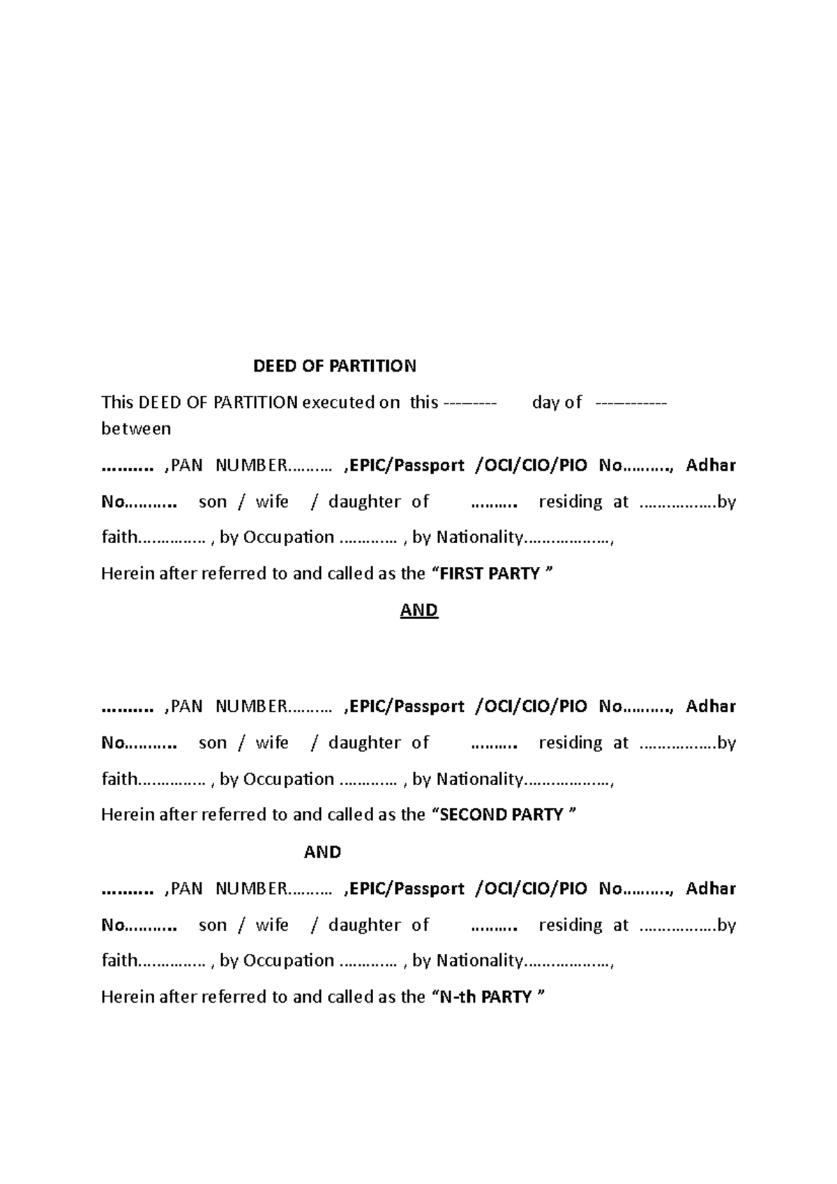 Deed of Partition - LLB honours. - DEED OF PARTITION This DEED OF ...