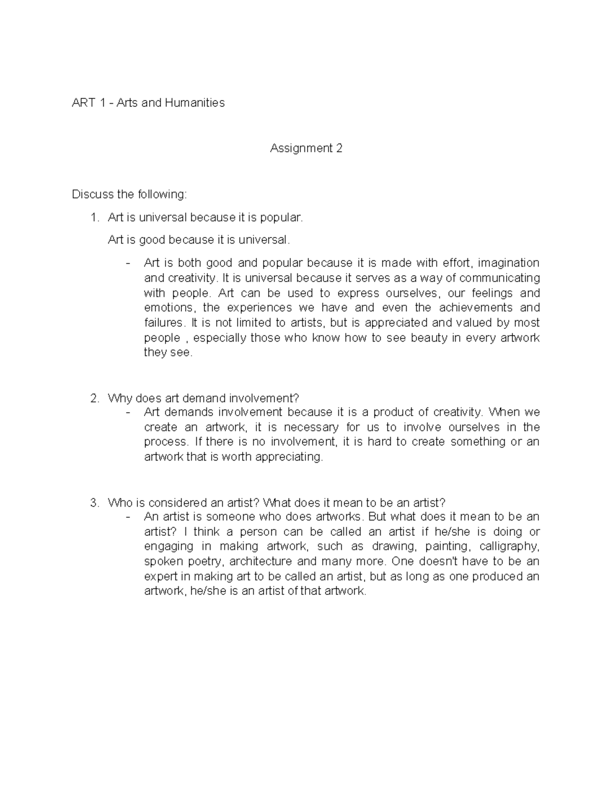 Assignment 2 - Questions - ART 1 - Arts and Humanities Assignment 2 ...